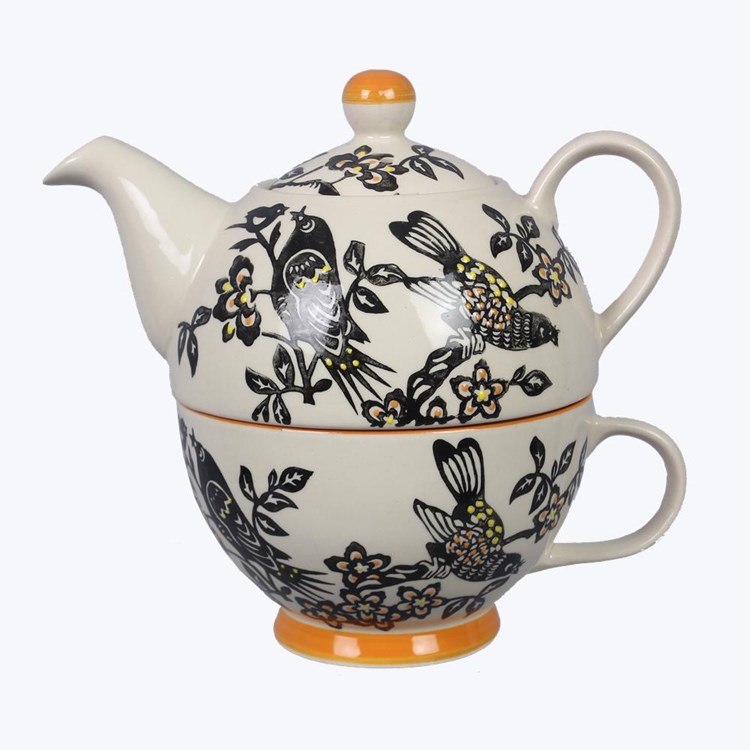 Stoneware Hand Stamped Teapot with a Cup | Ivystone