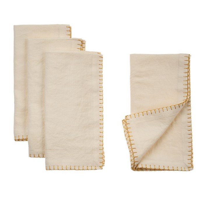Gold Blanket Stitch Napkins S/4, Off-White | Ivystone